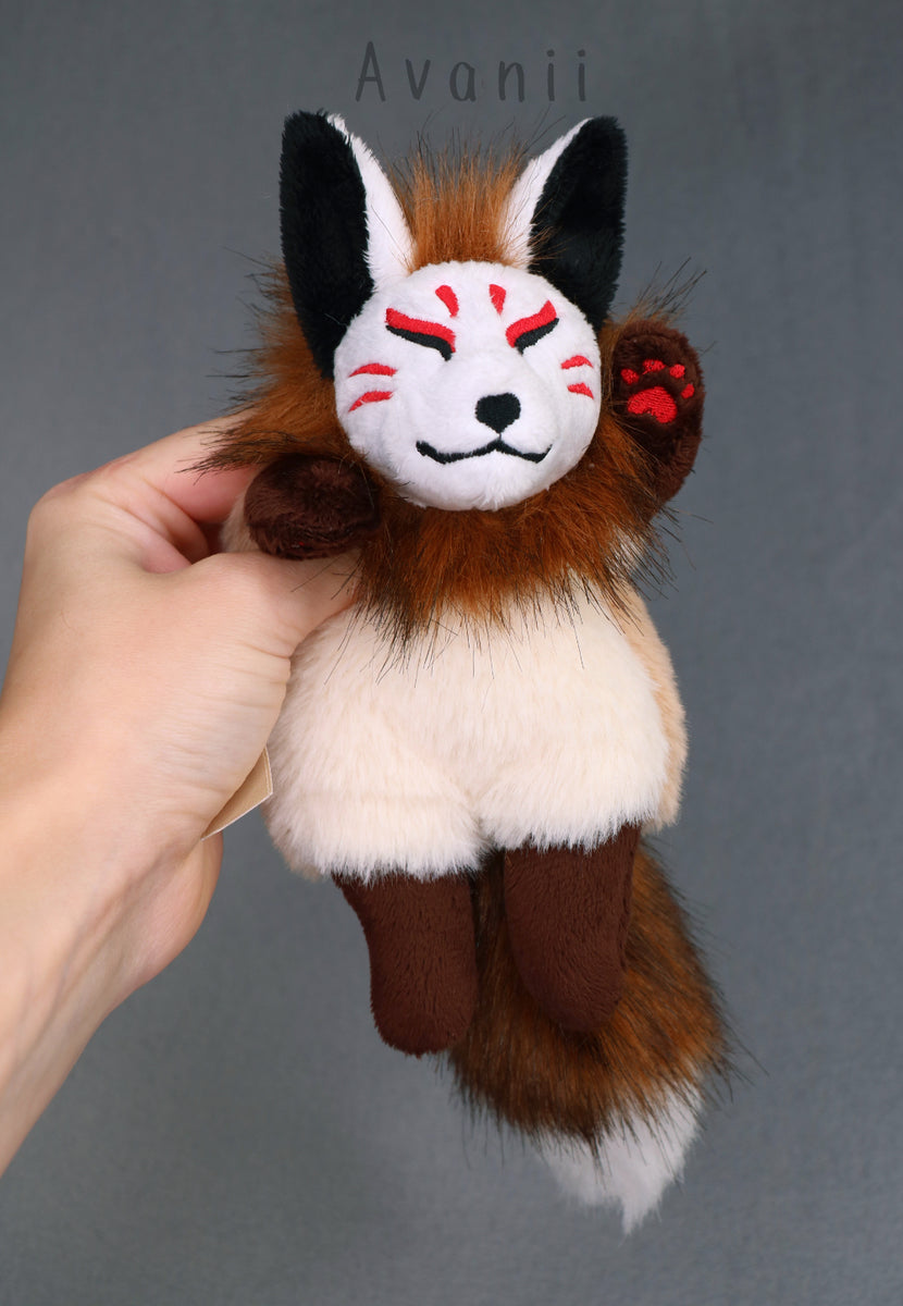 Pastel Red Masked Kitsune - handmade plush animal – Avanii Creations